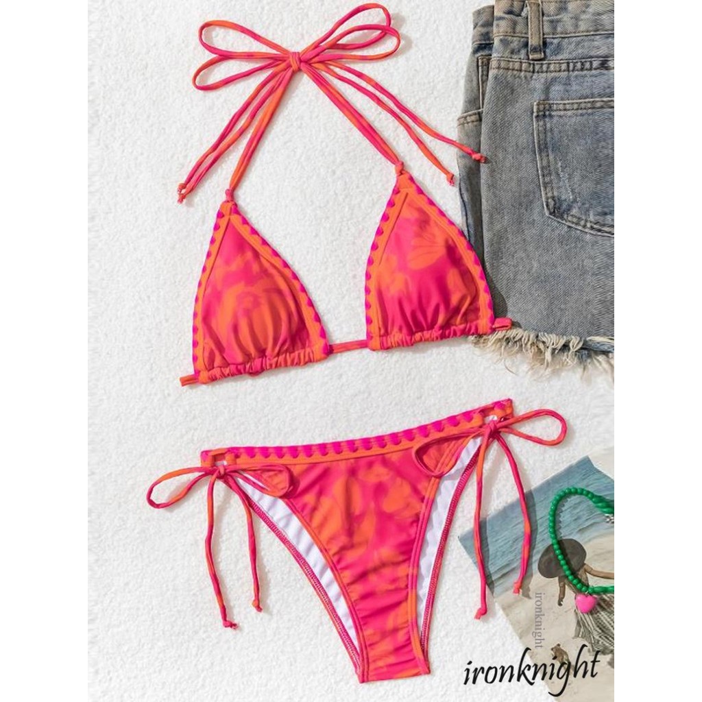 ironknight-Women Print Tie-Up Halter Neck Sleeveless Padded Bra Thong ...