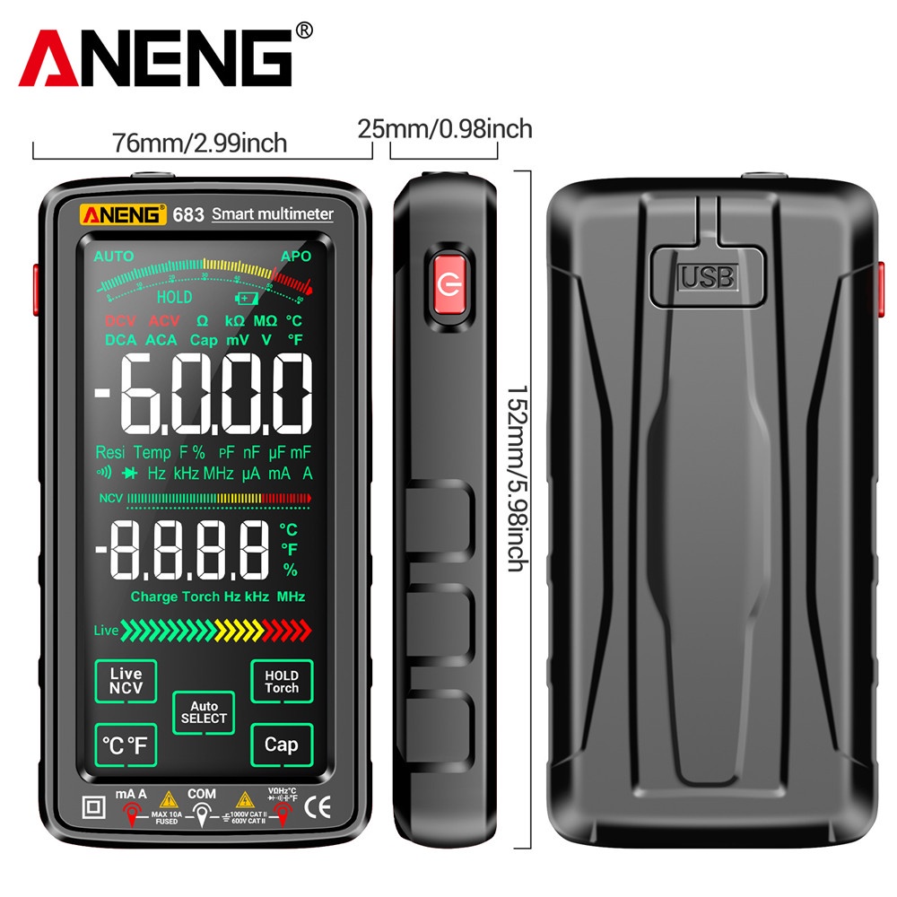 ANENG 681/683 Smart Digital Multimeter 6000 Counts Color Screen AC/DC ...