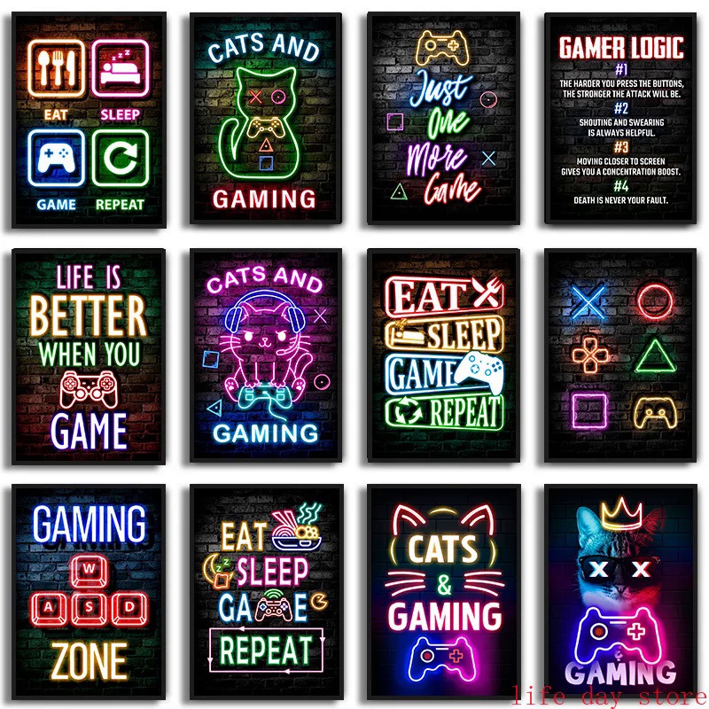 80s Retro Neon Game Quotes Poster Cat and Gaming Controller Gamer Zone ...