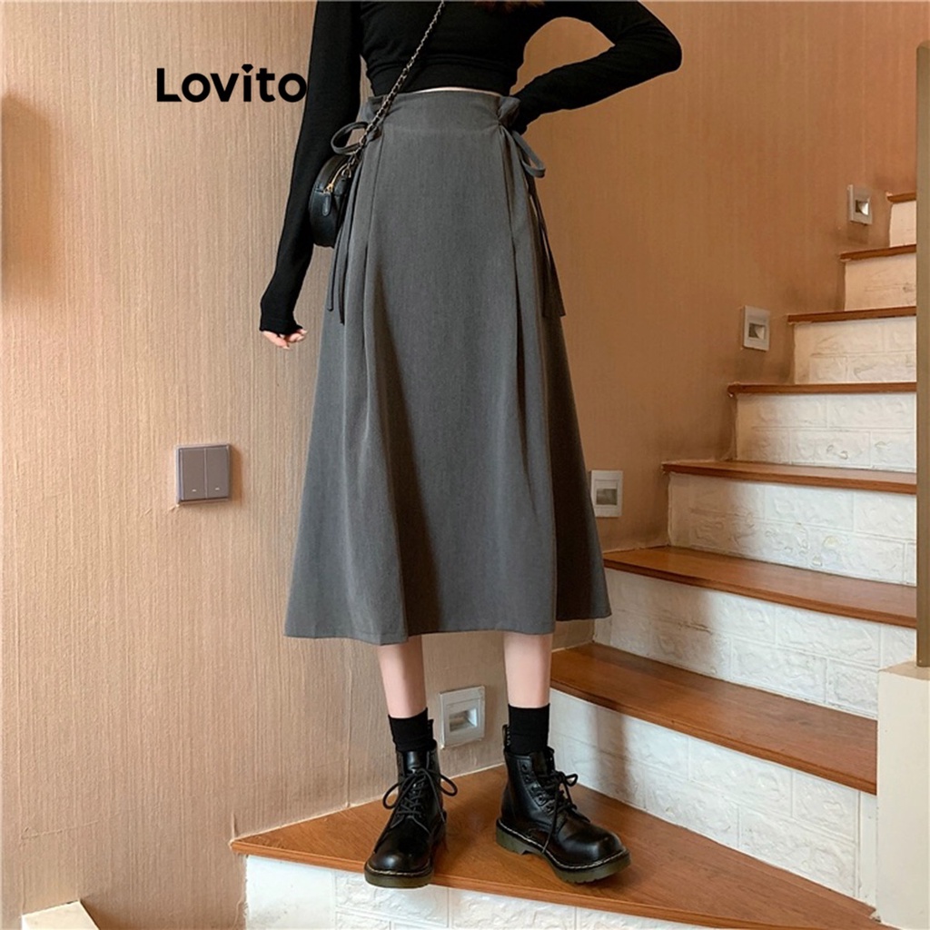 Lovito Women Casual Plain Pleated Drawstring Skirts LNE36308 (Grey ...