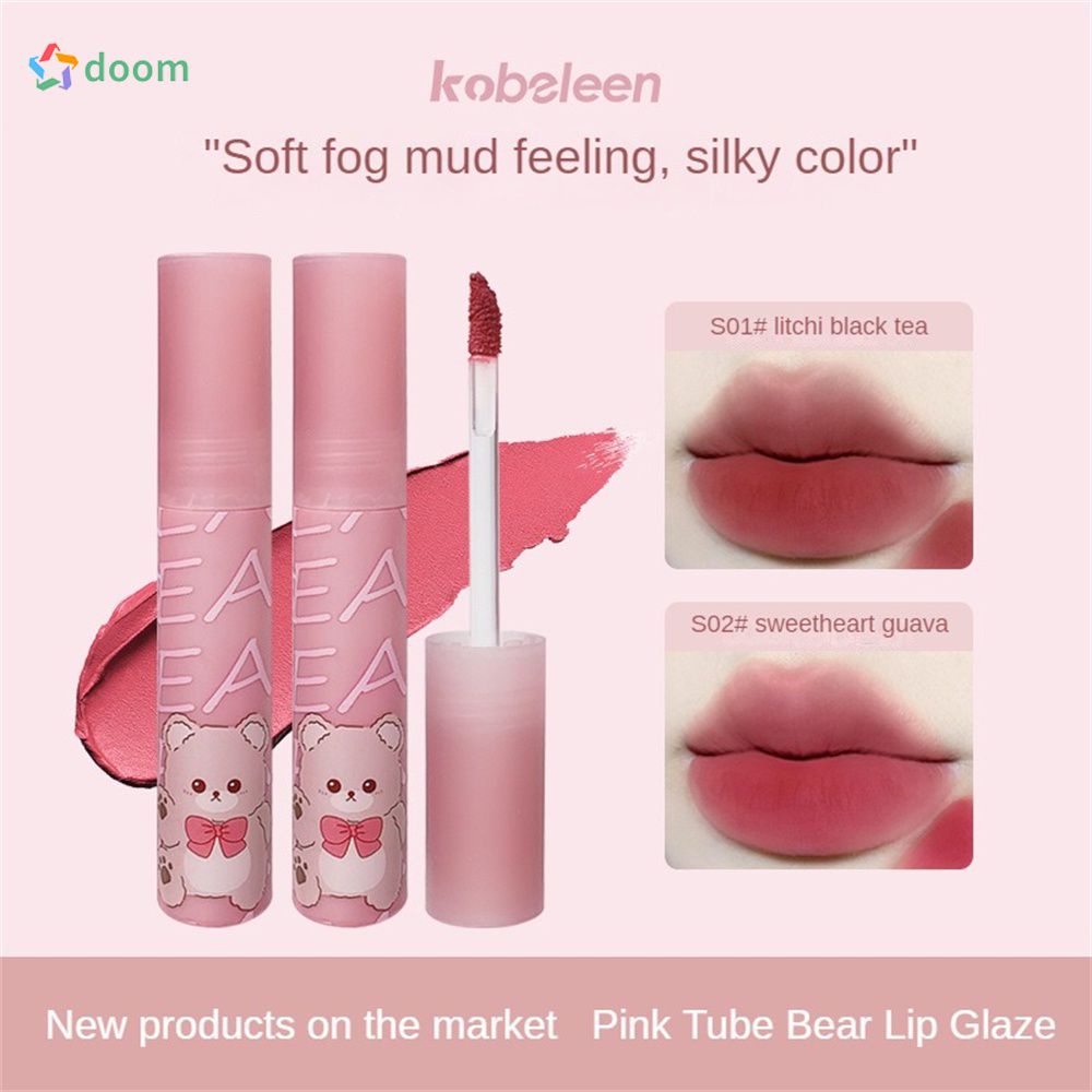 Kobeleen Pink Tube Bear Lip Glaze Soft Matte Lipstick Lasting Milk ...
