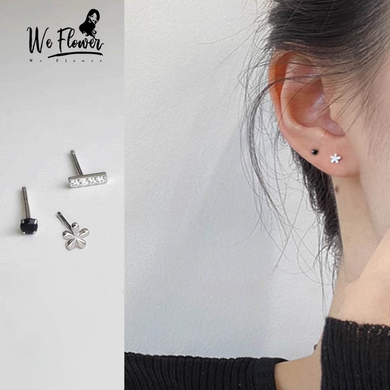 We Flower 3PCs Delicate S925 Silver Tiny Black Crystal Flower Piercing Earrings Set for Women ...