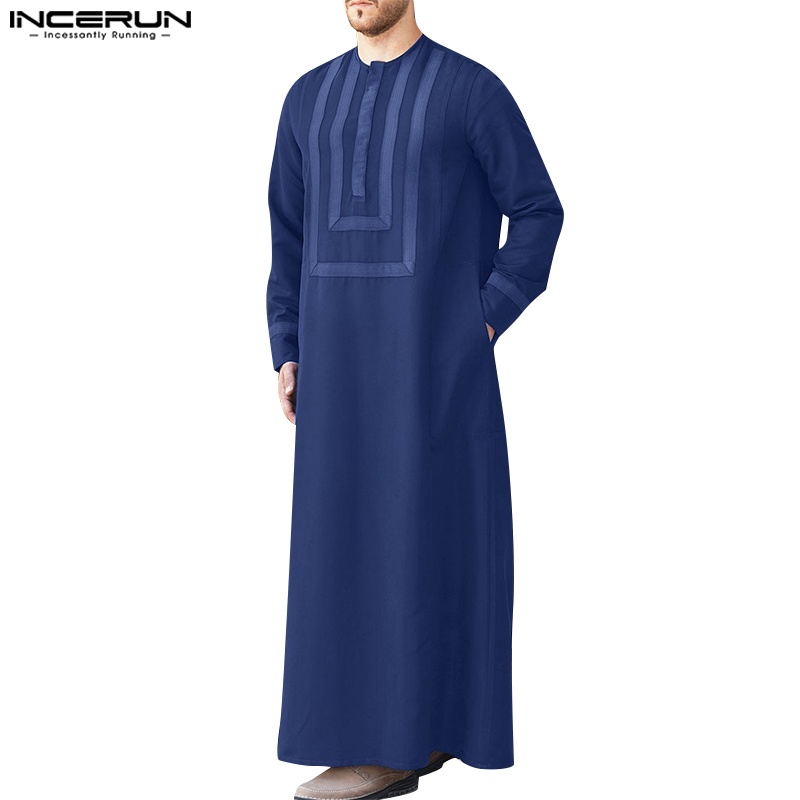 INCERUN Men Muslim Patchwork Striped Long Sleeve Round Neck Robe | Shopee Philippines