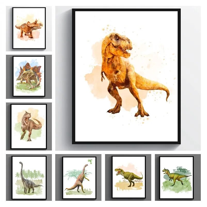 Dinosaurs Watercolor Art Prints Poster Jurassic T-rex Stegosaurus ...