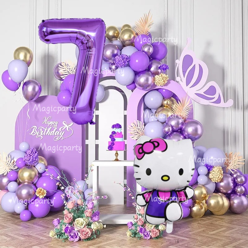 74pcs Hello Kitty Garland Arch Kit Purple 1-9th Number Foil Balloons ...