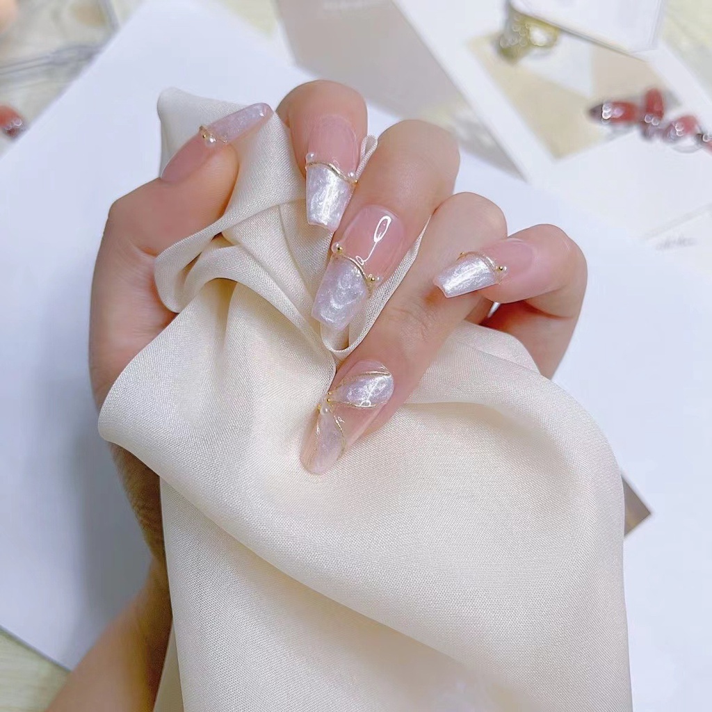 [HANDMADE]Artificial Nail Pink Smudged Pearl Inlay Phototherapy Nails ...