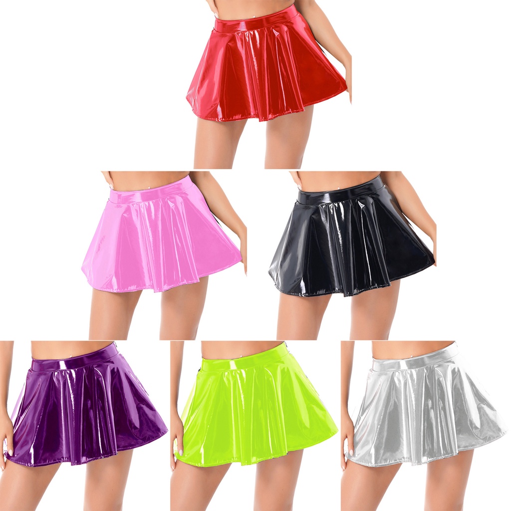 Womens Glossy Patent Leather Flared Skirt Club Dance Performance ...