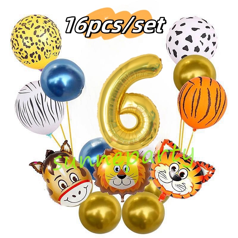 1set Safari Jungle Animal Balloons 0-9th 32" Gold Number Balloon for ...
