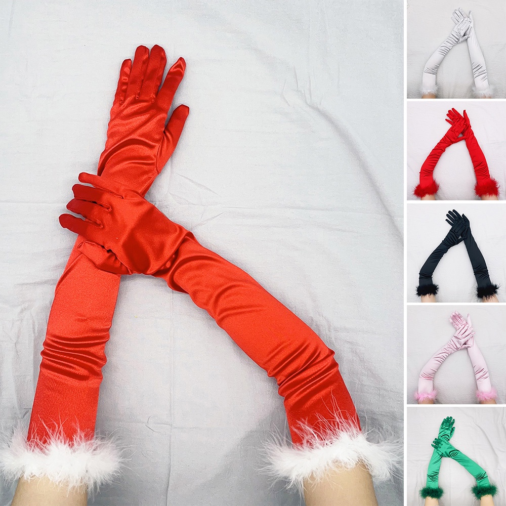 55cm Silk Satin Gloves Velvet Cuffs Feathers Solid Color Elastic Long ...