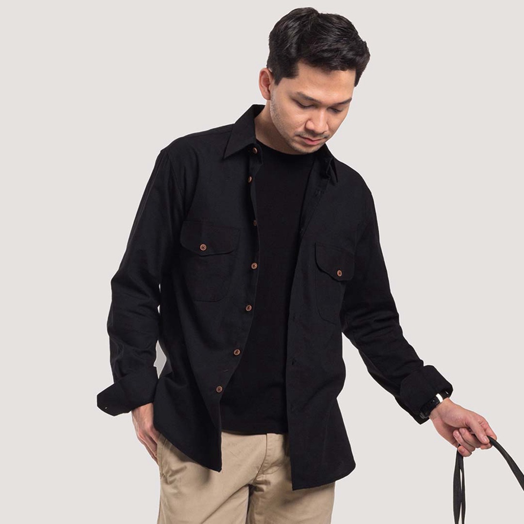 HITAM KEMEJA Woodcutter Men's Plain Shirt Basic Work Shirt Black Black - Double Pocket 2 Pockets ...