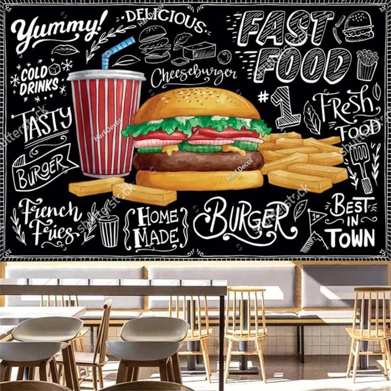 Custom Hand Painted Blackboard Burger Pattern Wallpaper Mural For Fast ...