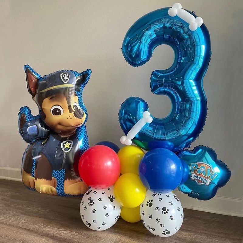 Paw Patrol Theme Balloons Set Chase Foil Balloon Blue Paw 32inch Blue Number Dog Paw Latex ...