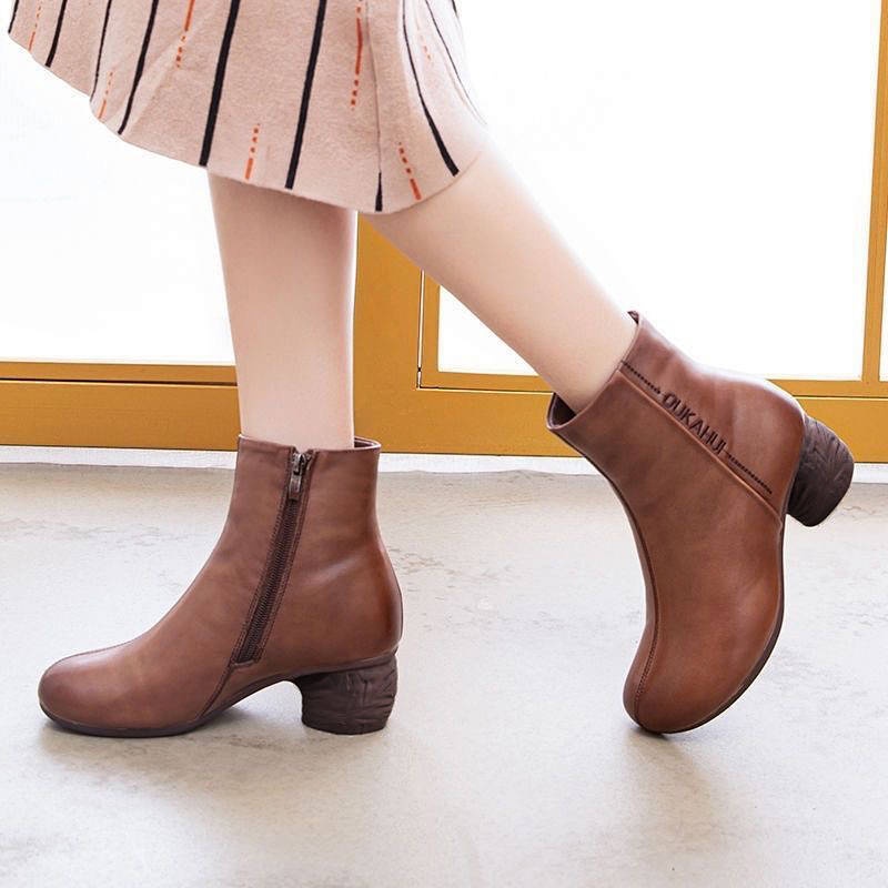 【Free shipping】boots for women Genuine Leather Chunky Heel Booties ...