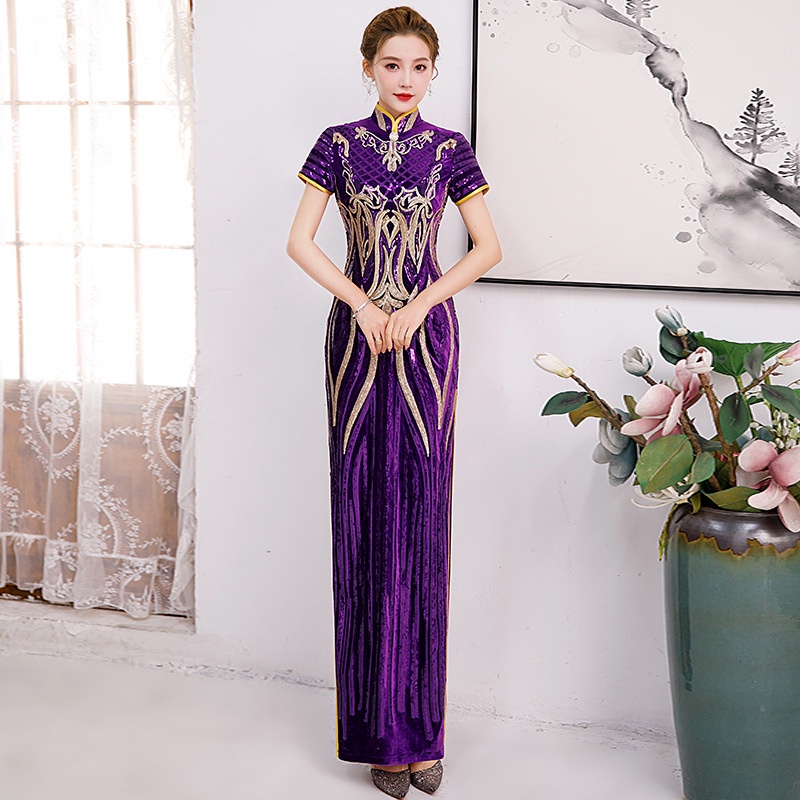 Formal Dress Purple Syage Show Cheongsam Young Ladies2025New Gold ...