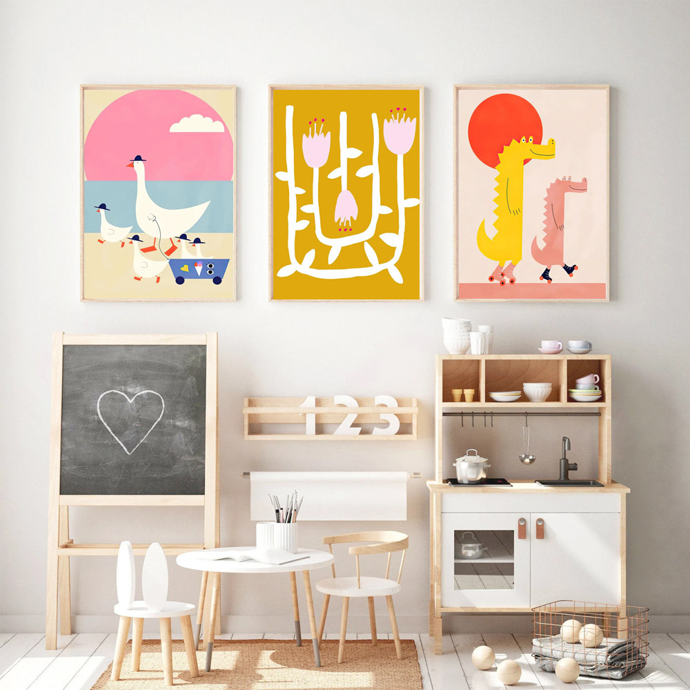Cute Cat Goose Bird Cartoon Posters Canvas Painting Modern Colorful ...