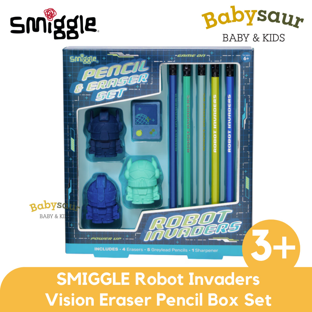 Smiggle 100% Original Robot Invaders Vision Eraser Pencil Box Set ...