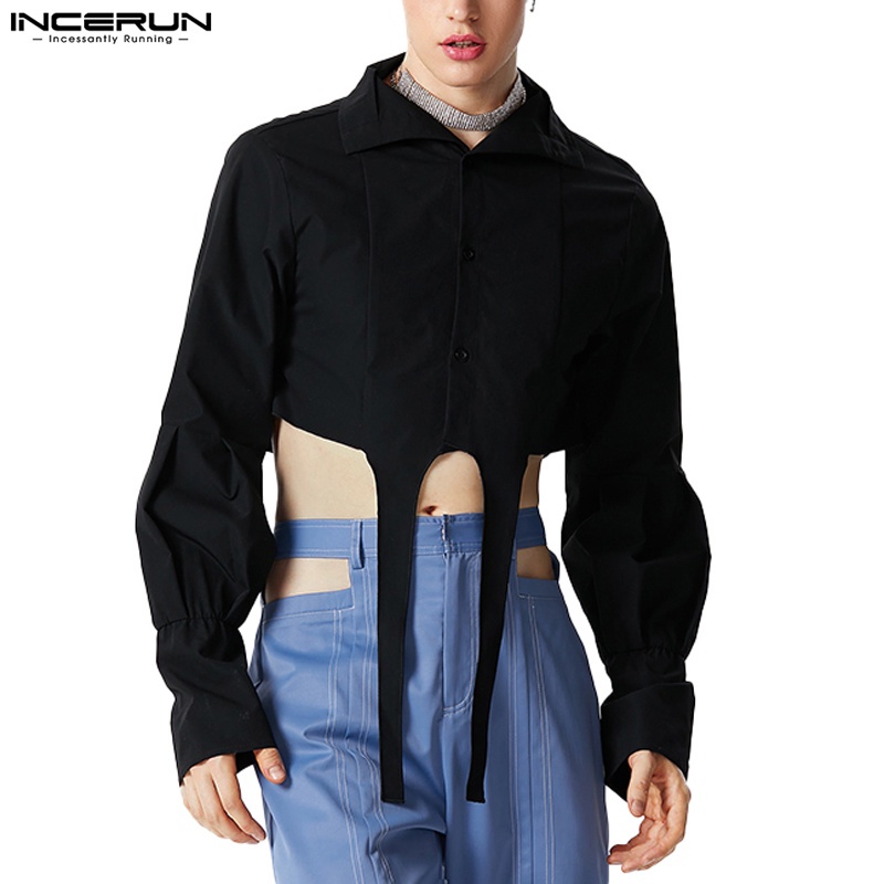INCERUN Men Vintage Puff Sleeves Cutoff Long Sleeve Crop Shirts ...