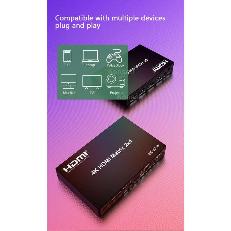 4K UHD HDMI Matrix 4x2, HDMI Splitter Switcher 2x4, with 3.5mm jack ...