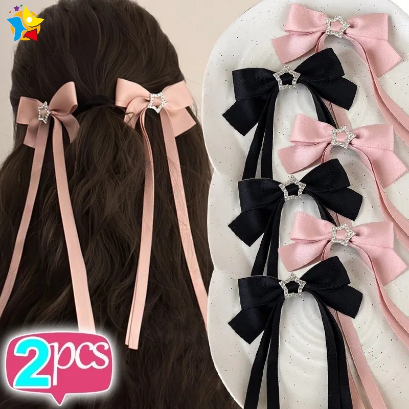 1/2Pcs Vintage Fashion Pink Black Bow Long Ribbon Hair Clips Women ...