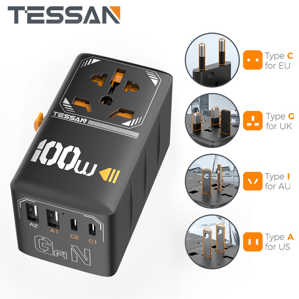 TESSAN 100W GaN Universal Travel Adapter with USB &Type C Fast Charging ...