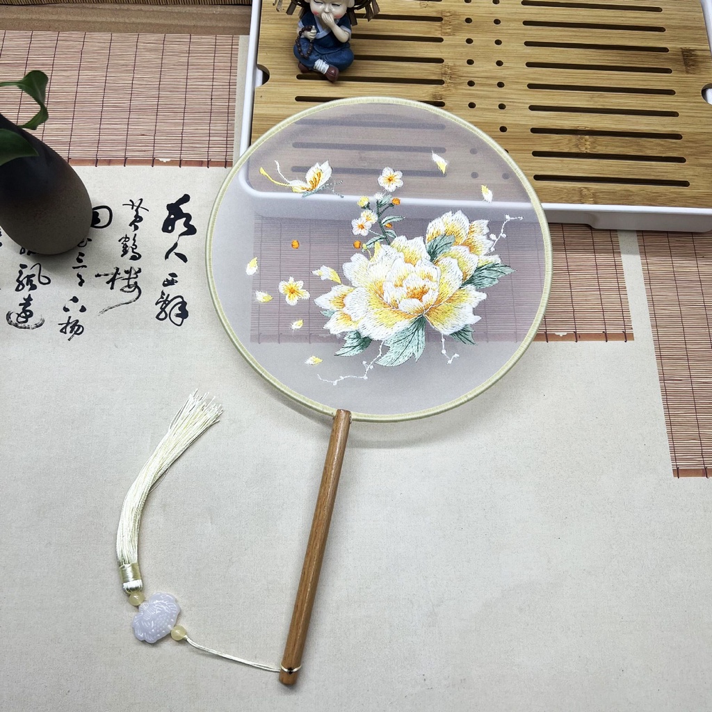 Classical Round Shaped Tuan Fan Double Sided Embroidery Peony Fan With ...
