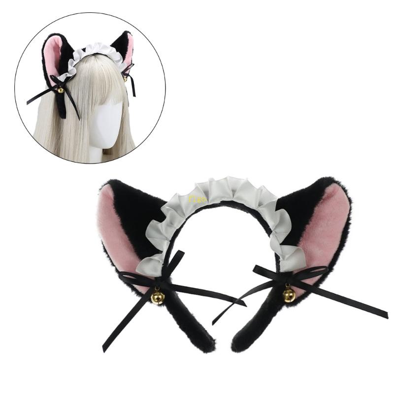 flgo Girls Ruffled Lace Cat Ear Headwear Maid Lace with Ribbon Headband ...