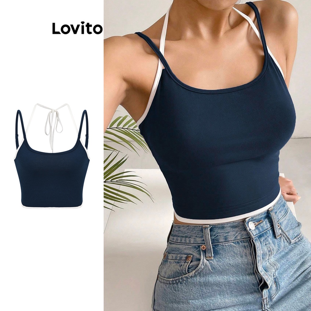 Lovito Women Casual Plain Colorblock Tie Back Tank Top L74ED032 ...