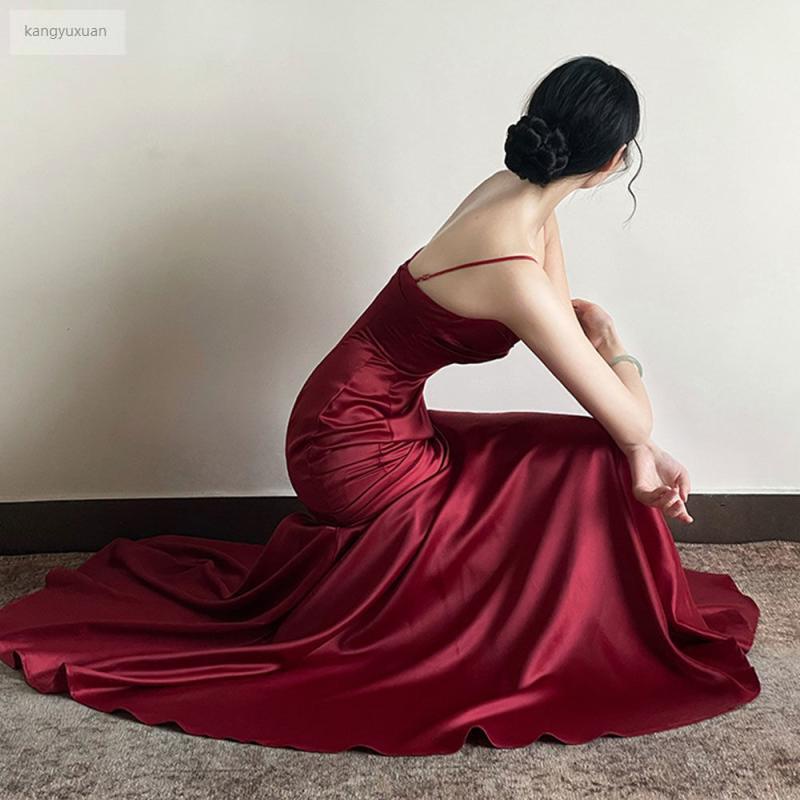 Light Luxury Classy Celebrity red Sling Dress Retro Halter Sexy ...