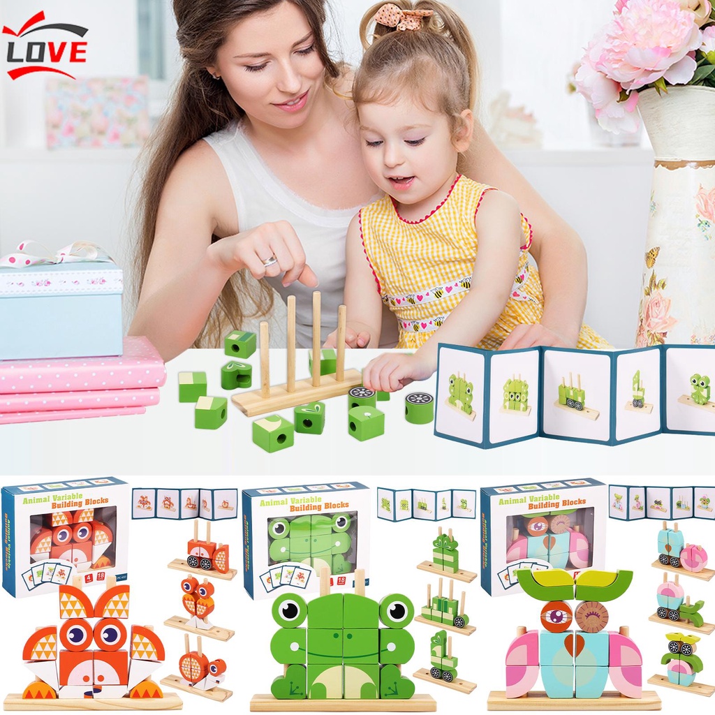 Wooden Puzzle Building Blocks Toddlers 3D Animal Stacking Puzzles ...