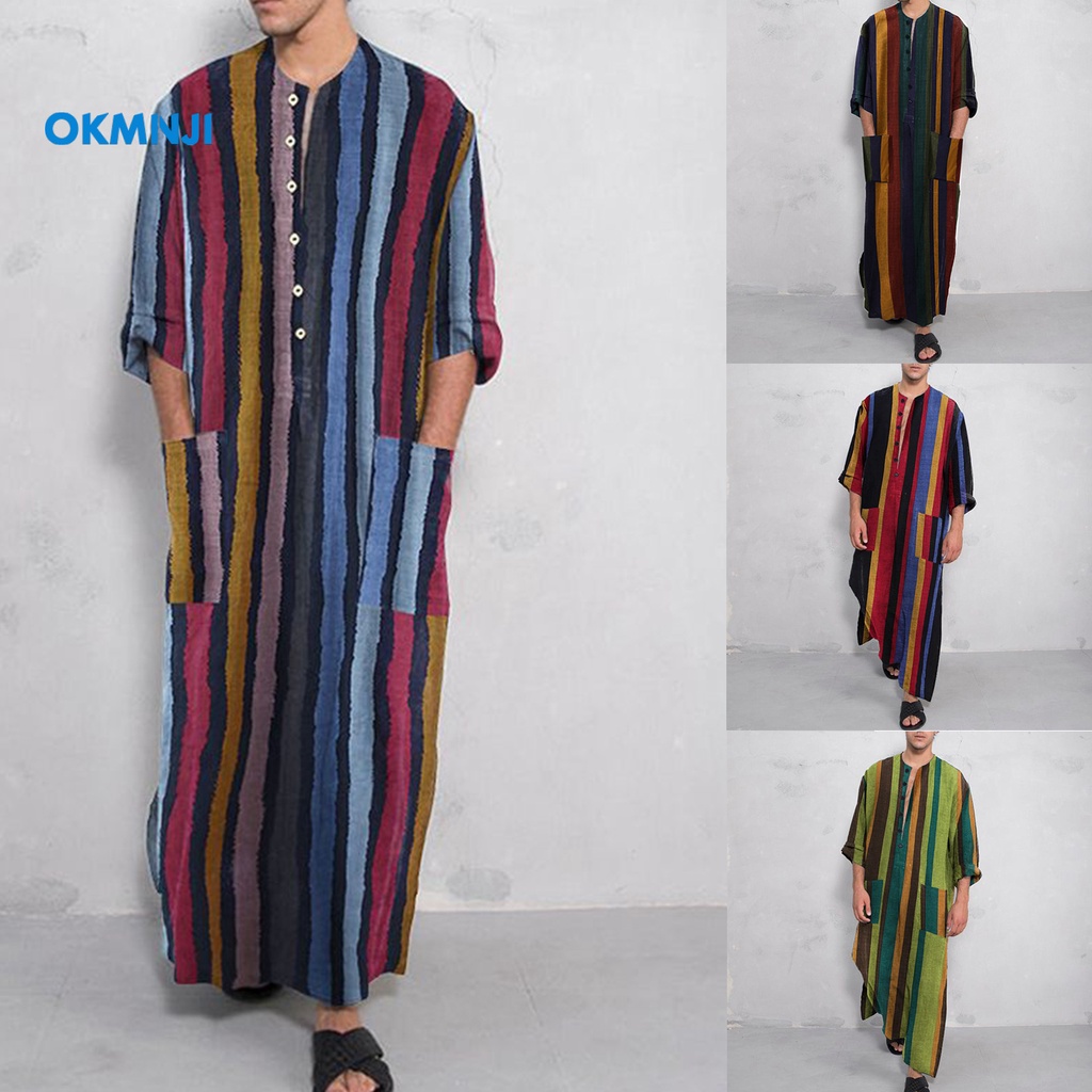COD Men Muslim Islamic Arabic Kaftan Striped Jubba Thobe Long Sleeve ...