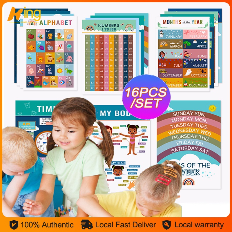 16pcs chart for kid educational set English letters Numbers Colours ...