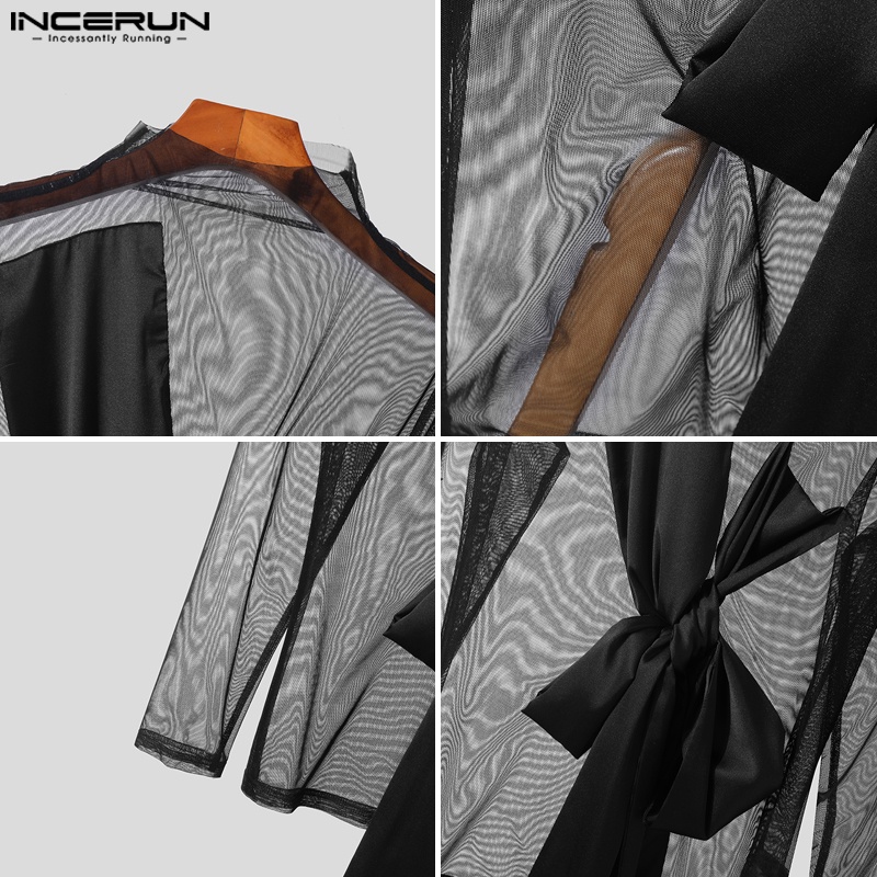 INCERUN Men Vintage Mesh Sheer Half High Neck Patchwork Long Sleeve T ...