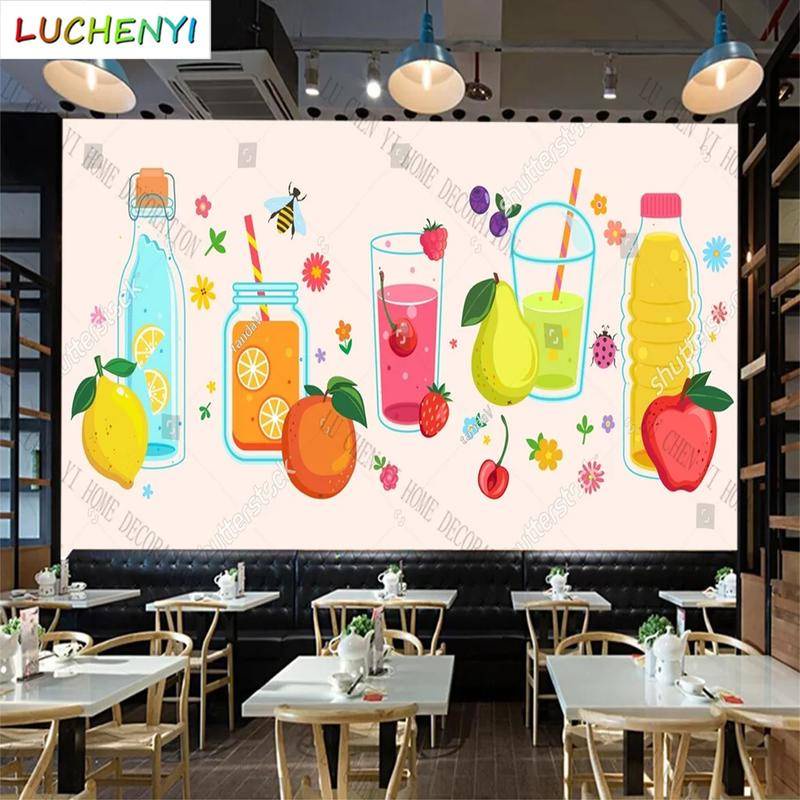 Custom fruit tea juice mural wallpaper restaurant cold drinking shop ...