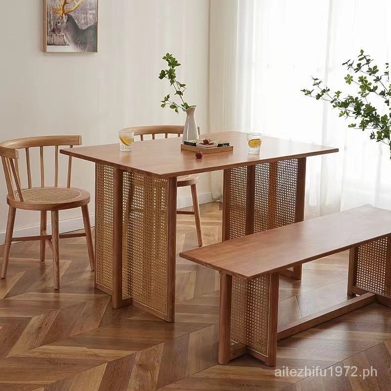 Nordic Solid Wood Rattan Woven Dining Tables and Chairs Set Small ...