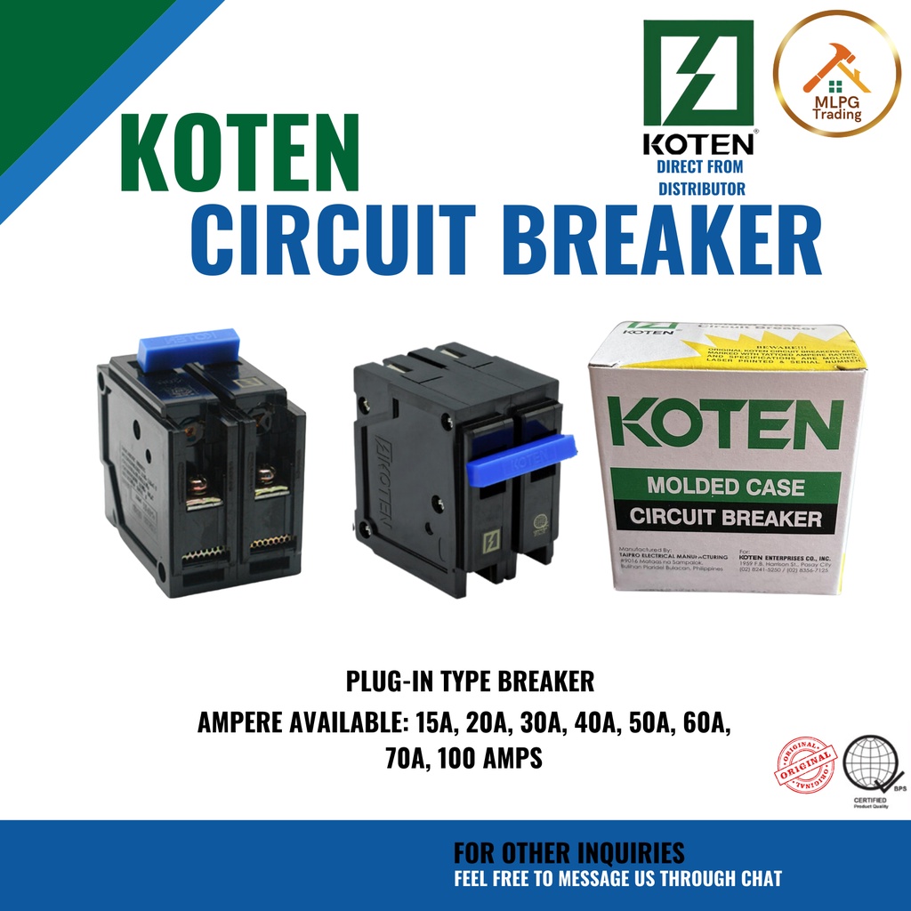 Koten Circuit Breakers 2 Pole (HPH-P) PLUG-IN 15A 20A 30A 40A 60A 70A ...