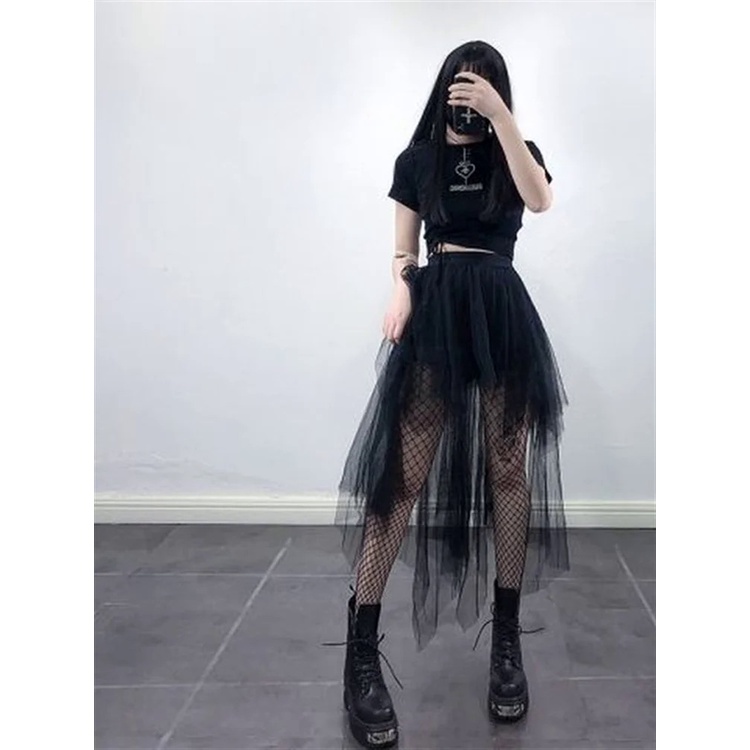 Gothic Black Mesh Long Mini Skirt Women Multilayer Irregular Dark ...
