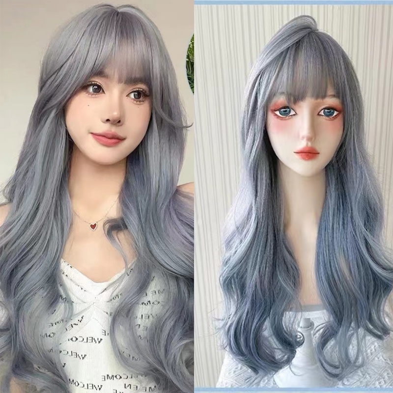 Grey Blue Wigs For Women Big Wave Long Cruls Synthetic Hair Lolita ...
