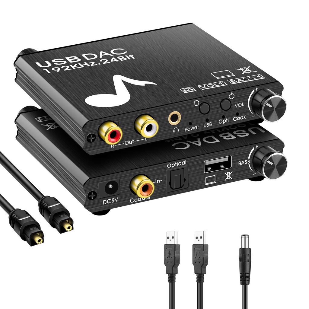 USB DAC 192kHz 24Bit Digital to Analog Converter with Bass&Volume Control Coaxial Toslink Stereo ...
