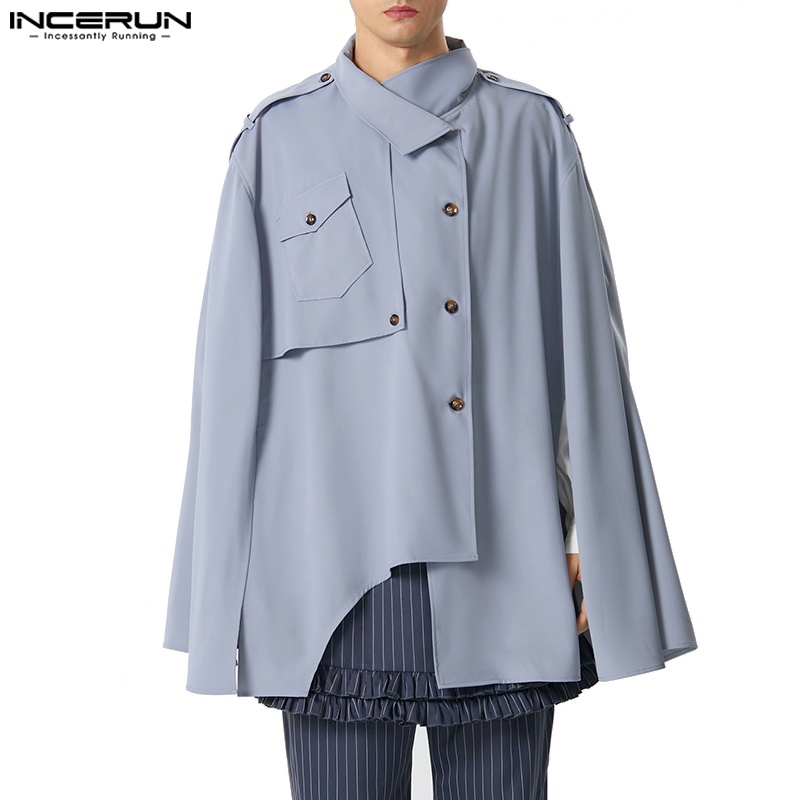 INCERUN Men Vintage Solid Color Silhouette Sleeve Split Casual Cloaks ...
