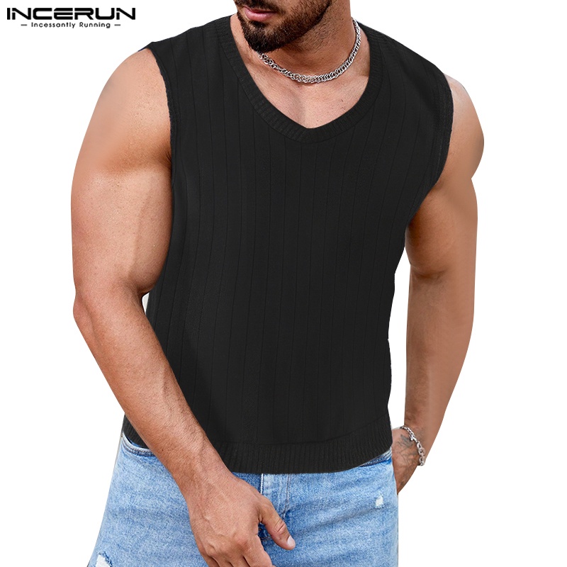 Incerun Men Vintage Fashion V-Neck Solid Colour Striped Sleeveless ...