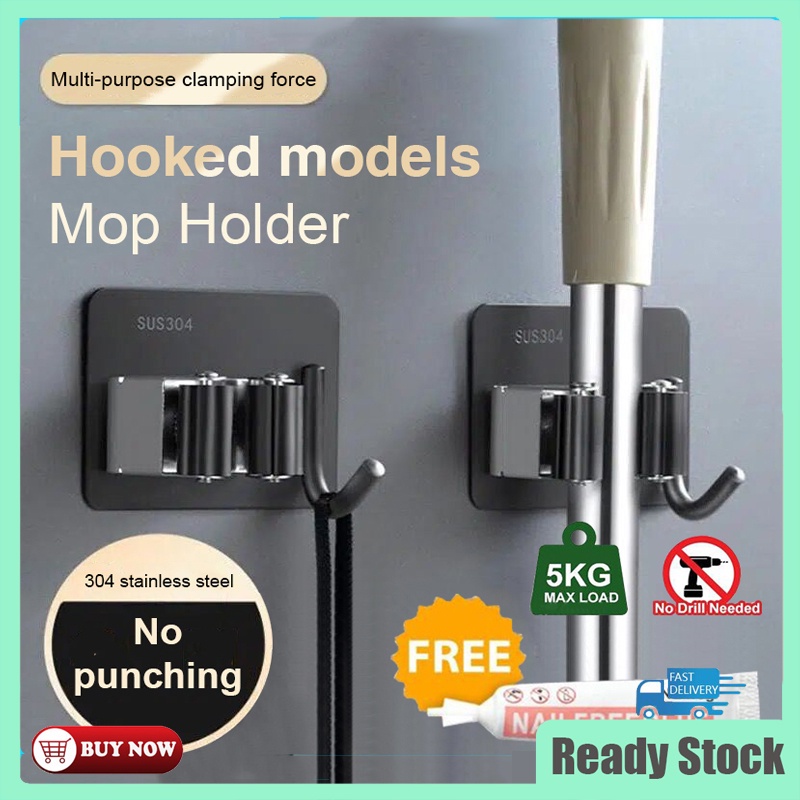 Stainless Steel Broom Holder Wall Mounted Mop Holder Mop Clip Rack ...