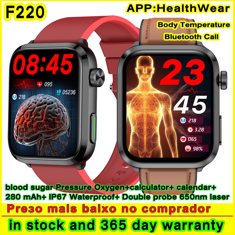 F220 Smart Watch Laser Therapy Blood Sugar Pressure Body Temperature Uric Acid Bluetooth Call ...