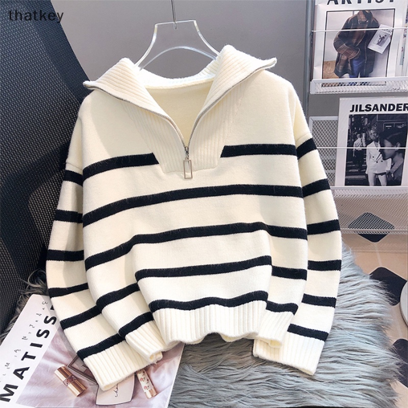 THA Autumn Winter Fashion Striped Zippered Lapel Long Sleeve Loose ...