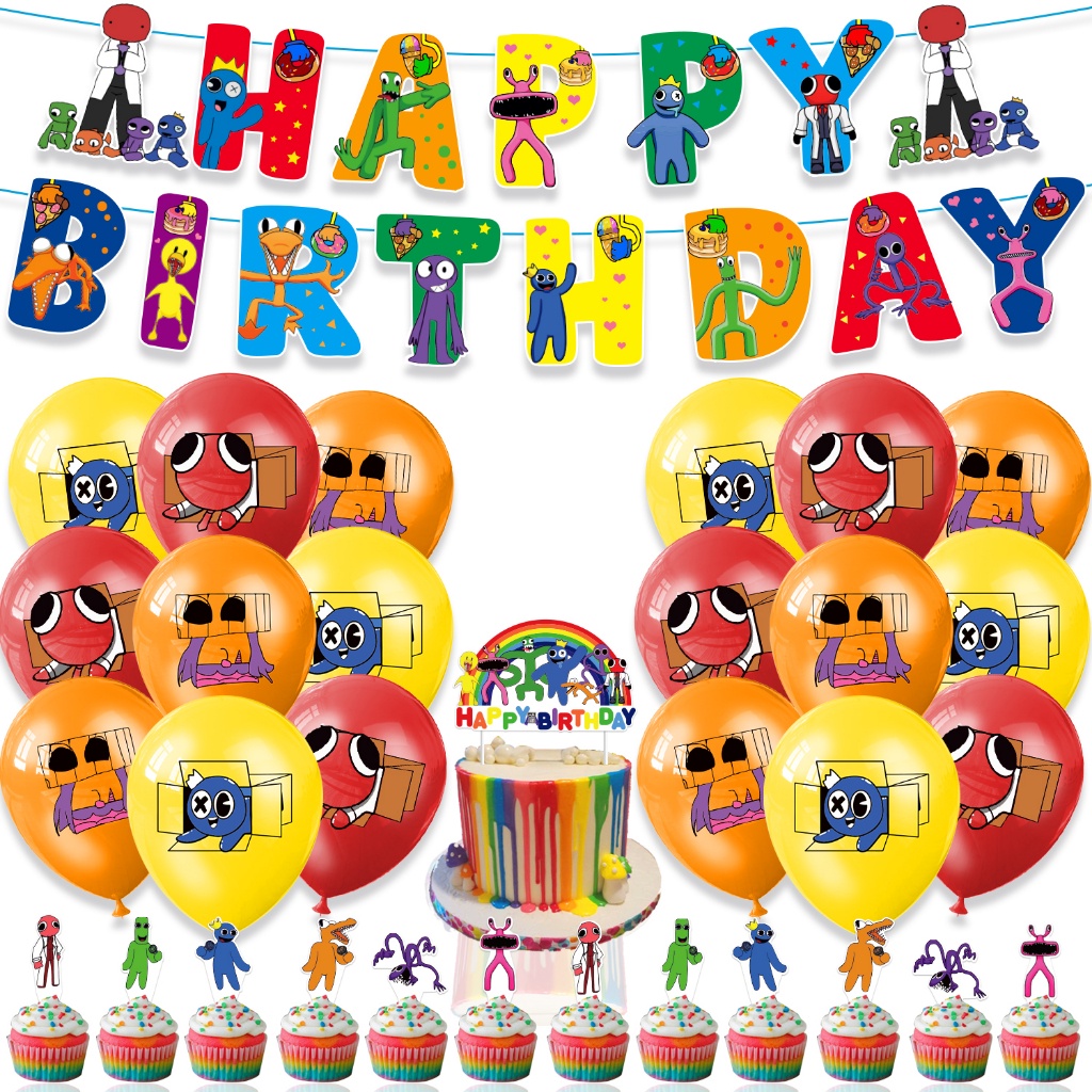 YP Rainbow Friends Happy Birthday Banner Decoration Set Cake Topper Latex Balloons Cupcake ...
