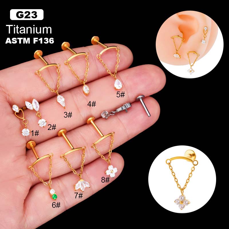 1 Piece G23 Titanium Chaindangle Style Hypoallergenic Labret Stud ...