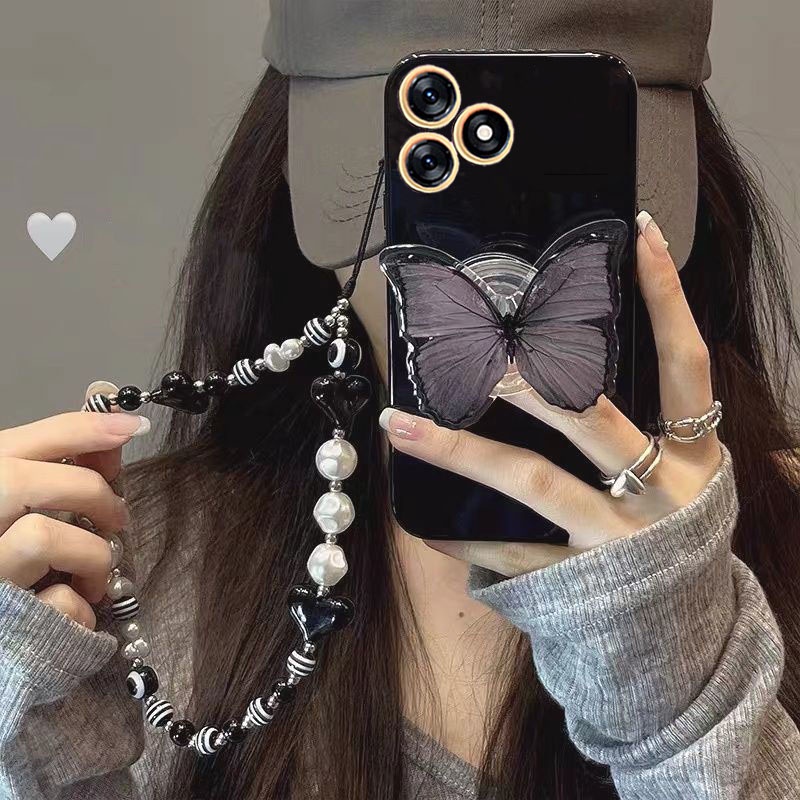 Casing Tecno Spark 10 10c 10 Pro Vintage Black Butterfly Stand Holder Bracelet Soft Case Full
