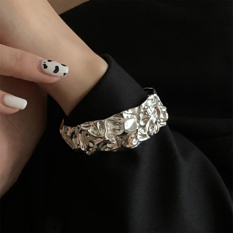 S925 Sterling Silver Tin Foil Texture Wide Face Open-Ended Bracelet Women's INS Special-Interest ...