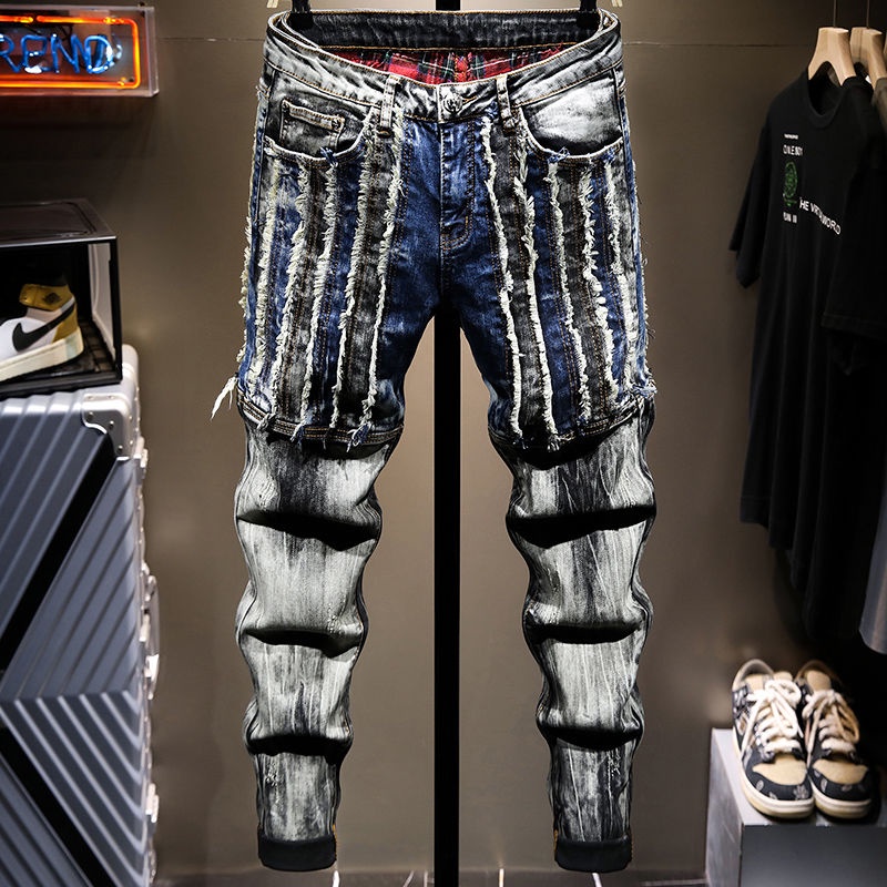 New Style Men's Pants Stitching Jeans Trendy Slim-fit Unique Trousers ...