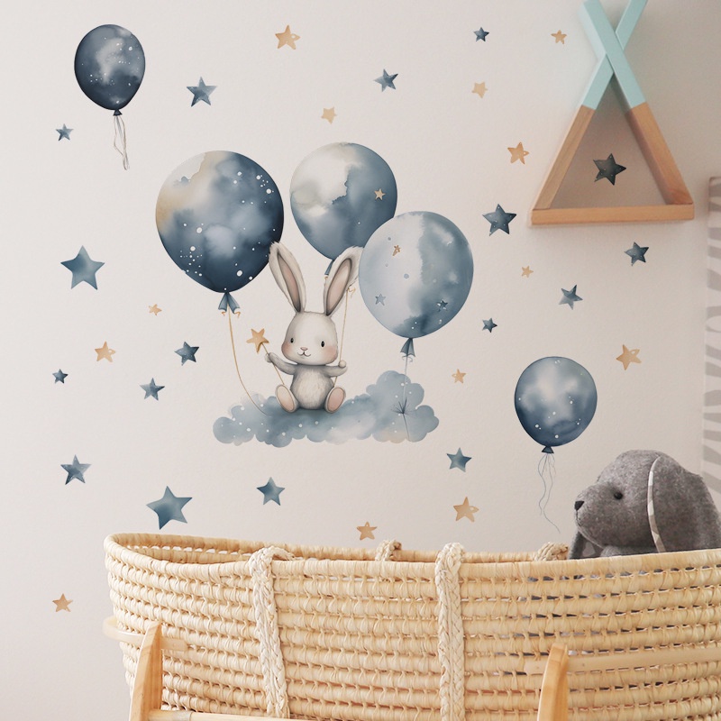 Cartoon Rabbit and Star Balloon Wall Sticker for Kids Room and Nursery Decoration | Shopee ...