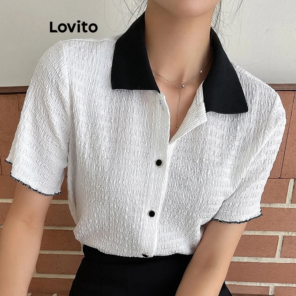 Lovito Women Casual Plain Colorblock Blouses L71ED011 (White) | Shopee ...